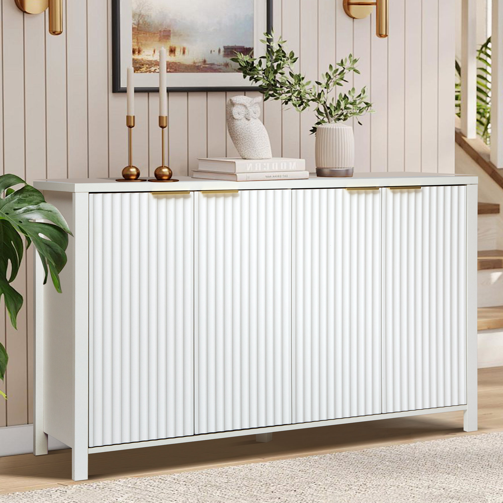 Ebern Designs Fluted Sideboard Buffet Cabinet with Storage, 55" Large Wood Accent Cabinet with ...